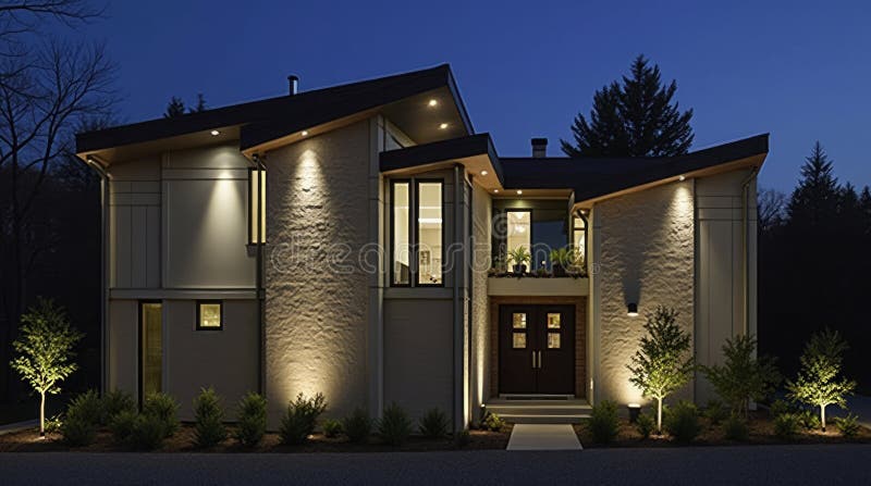 The Modern Facade with Solar Up-Lighting Stock Photo - Image of walls ...