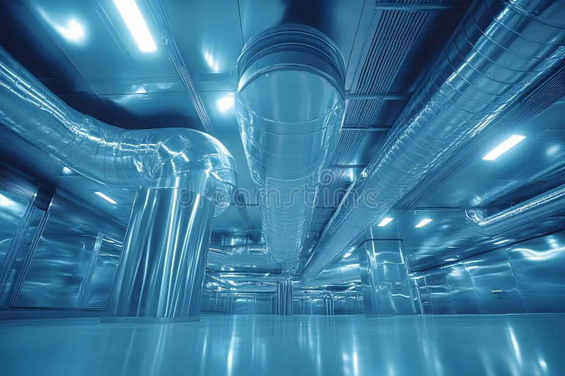 Industrial Ductwork System in Modern Blue-Tinted Facility for HVAC ...