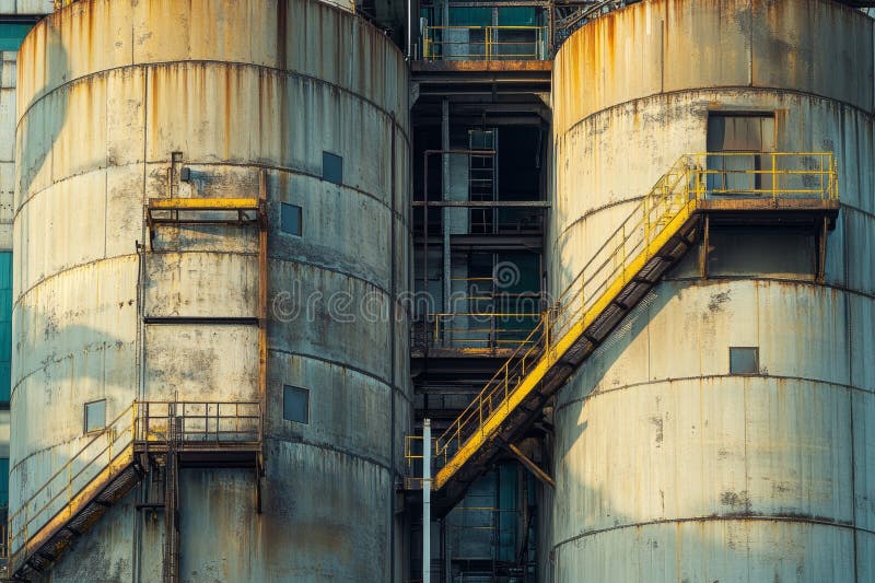 Modern Factory Architecture Featuring a Tall Refinery Silo in an ...