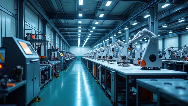 Modern Factory Assembly Line with Robotic Arms Stock Illustration ... Modern Factory Assembly Line with Robotic Arms Stock Illustration ...