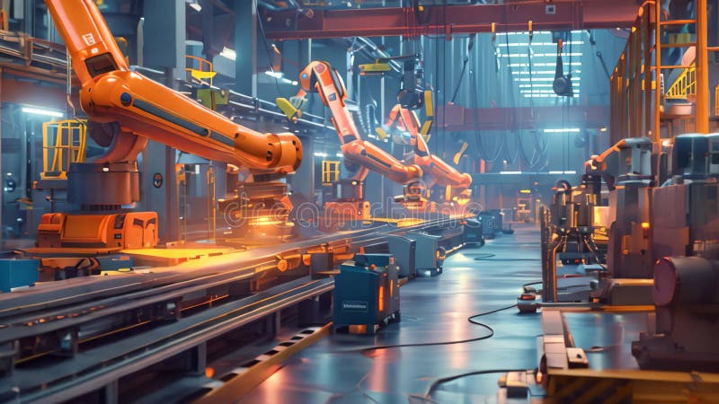 Two Robotic Arms Working in a Futuristic Factory Setting. the Arms are ... Two Robotic Arms Working in a Futuristic Factory Setting. the Arms are ...