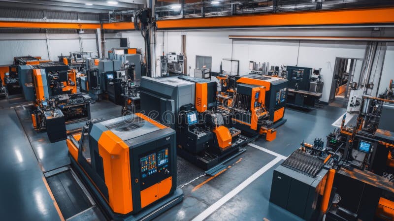 Modern Factory with Many Orange and Gray Machines Stock Illustration ...