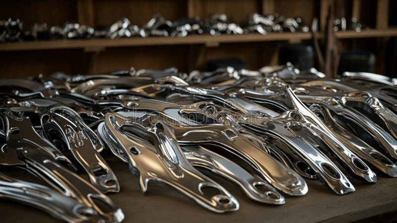 In a Modern Factory, a Table Showcases a Diverse Range of Complex Metal ...