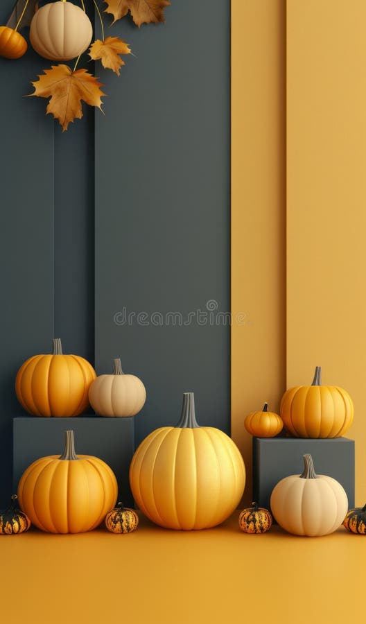 Modern Fall Decor with Pumpkins and Autumn Leaves in Geometric Setting ...
