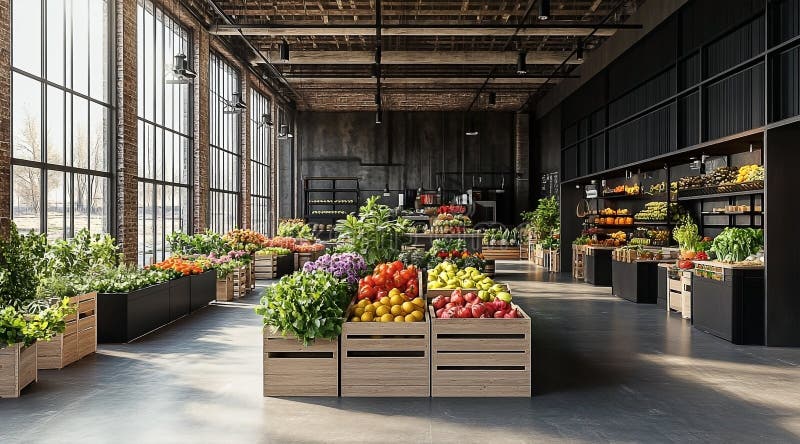 Modern Farm Market Interior with Fresh Produce and Rustic Design ...