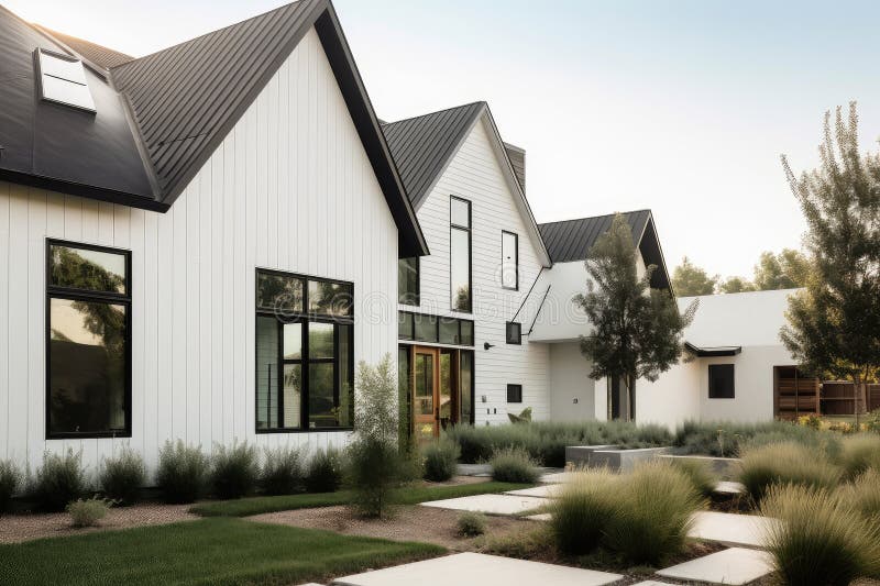 Modern Farmhouse Exterior with Angular Lines and Geometric Shapes Stock ...