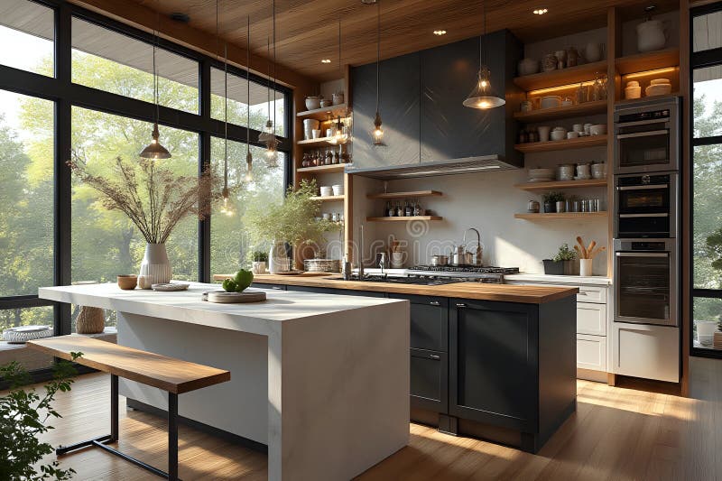 A Modern Farmhouse Kitchen Bathed in Natural Light Streaming through ...