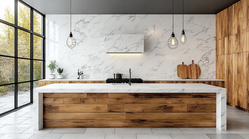 Modern Farmhouse Kitchen with Marble and Wood, Autumn View Stock Image ...