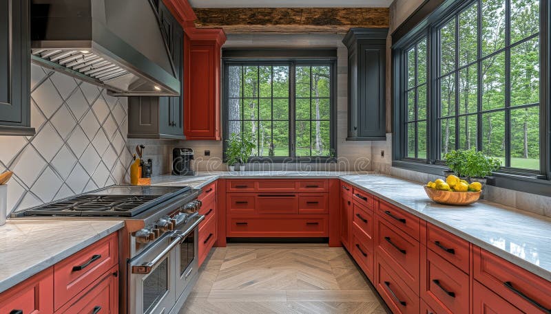 Modern Farmhouse Kitchen with Red Cabinets, Black Window Frames, and ...