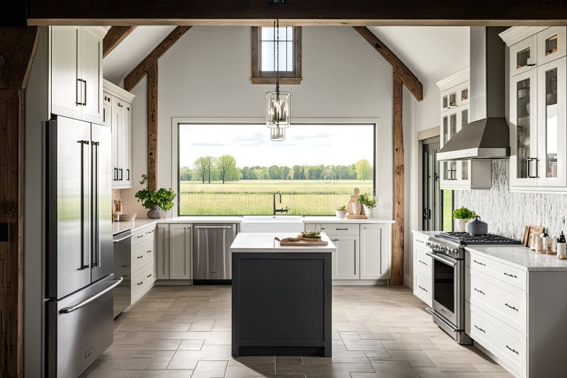 Modern Farmhouse Kitchen with Sleek Appliances and Natural Light Stock ...