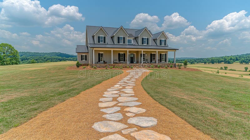 Modern Farmhouse on Rolling Fields with Stone Pathway Stock Image ...