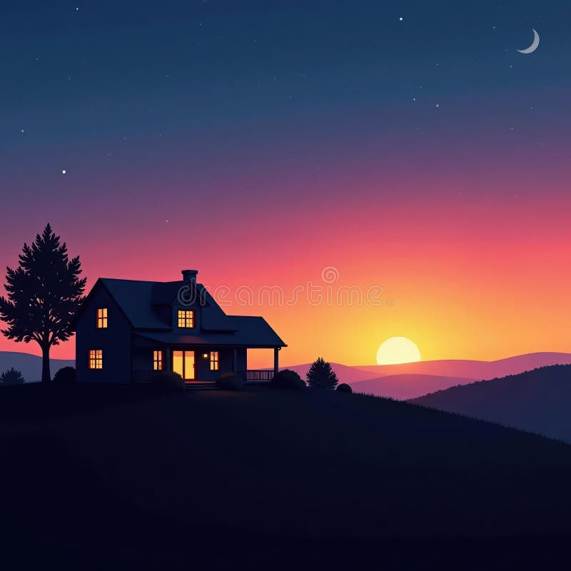 Modern Farmhouse Silhouette, Vibrant Dusk Sky, Side View, Sky ...