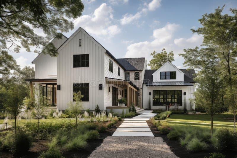 Modern Farmhouse Surrounded by Lush Greenery and a Clear Blue Sky Stock ...