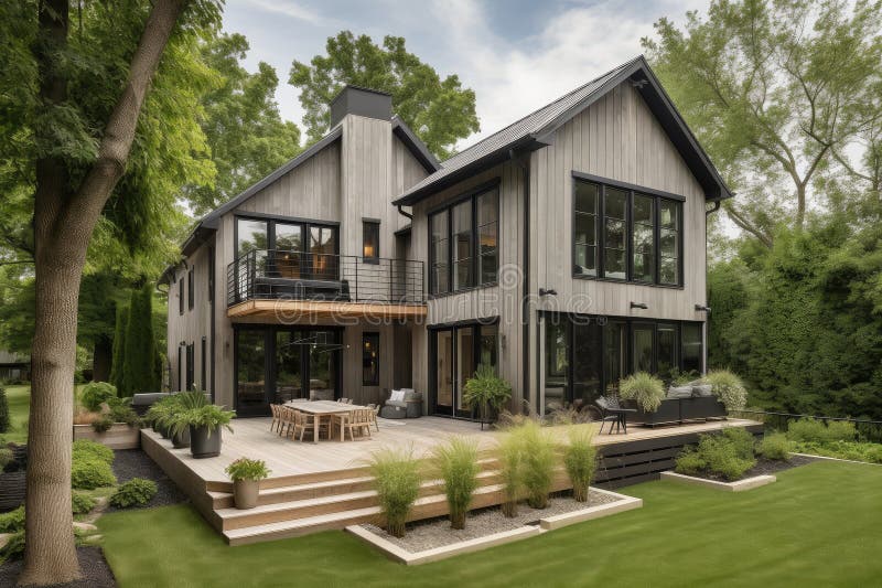 Modern Farmhouse with Wall of Windows and Deck, Overlooking Lush Garden ...