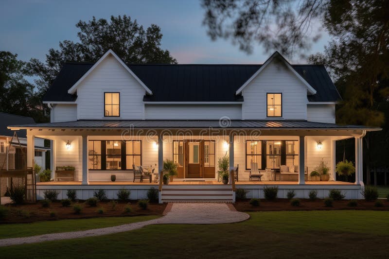 Modern Farmhouse with Wraparound Porch and Lanterns at Night Stock ...