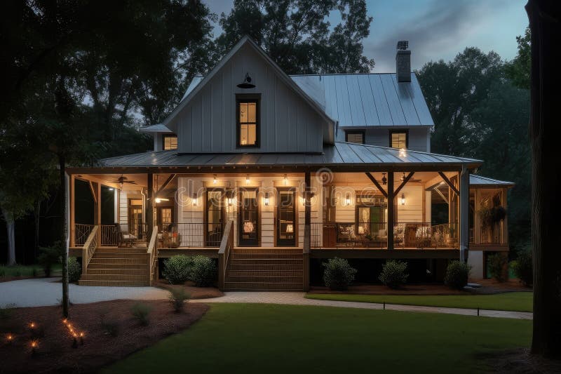 Modern Farmhouse with Wraparound Porch and Lanterns at Night Stock ...