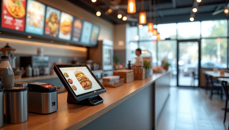 Modern Fast Food Cafe Interior Features Digital Ordering System with ...