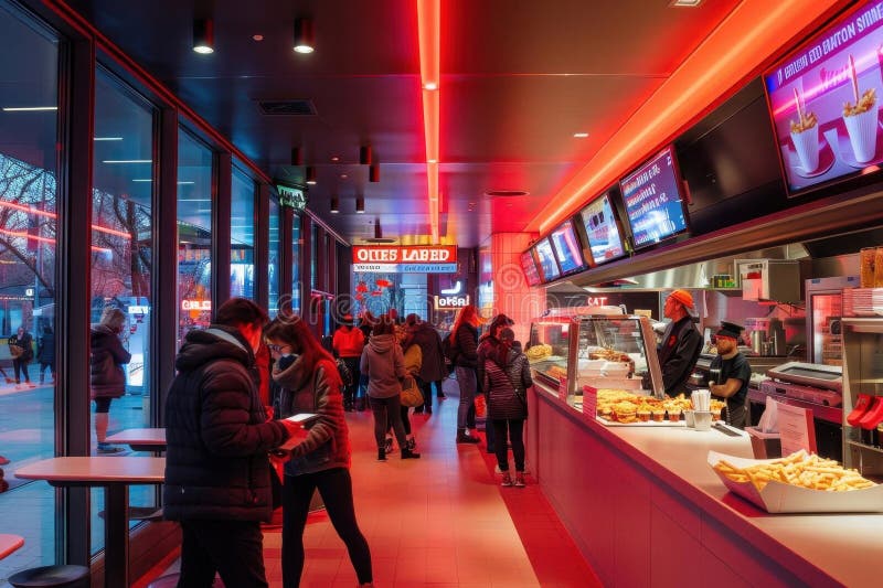 Modern Fast Food Restaurant Interior with Red Lighting and Digital ...
