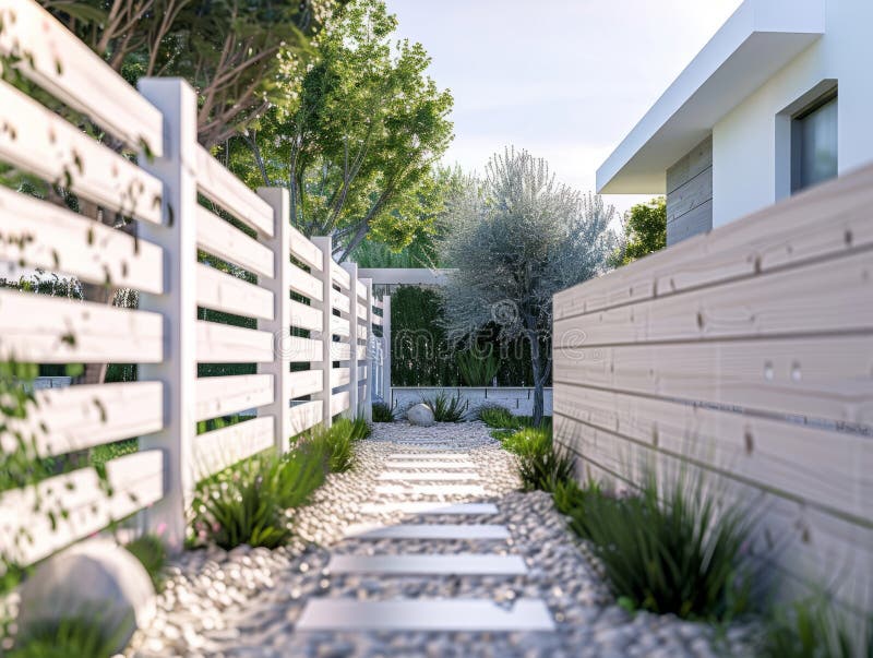 Modern Fence Adds Visual Interest Stock Image - Image of stone, yard ...