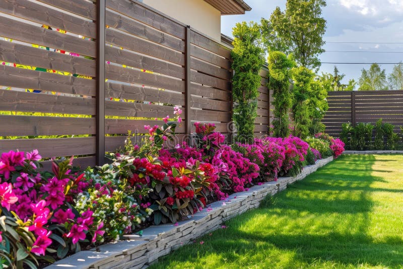 Modern Fence and Flower Garden Stock Illustration - Illustration of ...
