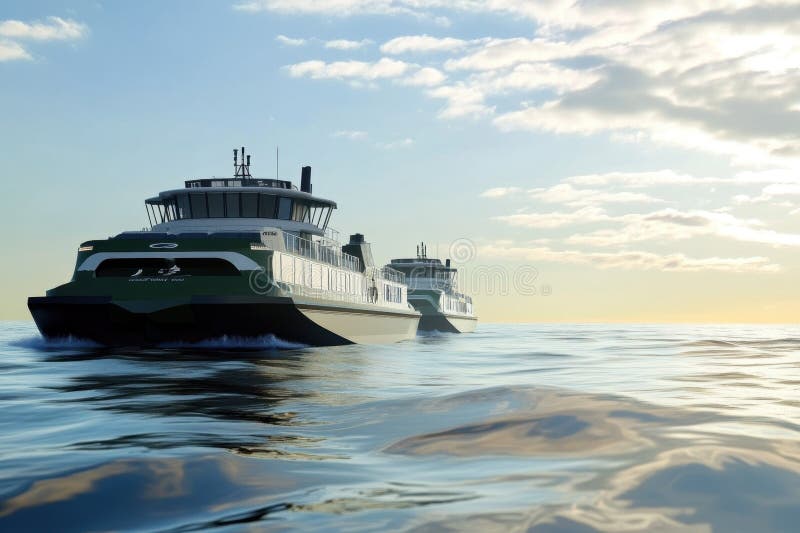 Modern Ferries Navigate Calm Waters during Sunset in a Tranquil Harbor ...