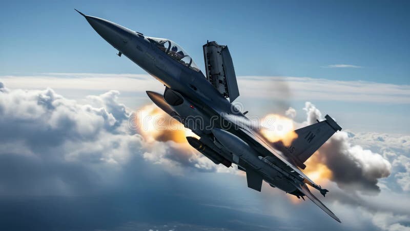 Modern Fighter Jet Ascending through Clouds with Afterburner Stock ...