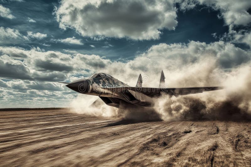 Modern Fighter Jet Taking Off on Dirt Runway Creating Dust Cloud Stock ...