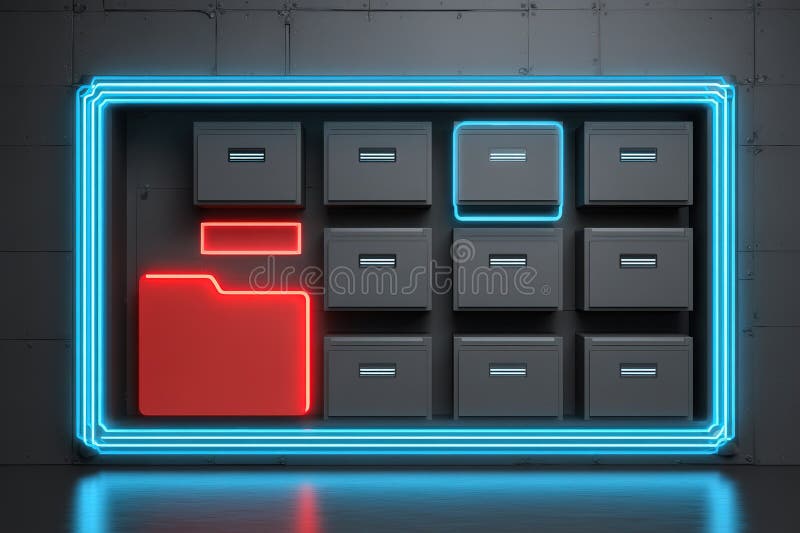 Modern Filing System with Neon Lighting in a Digital Workspace ...