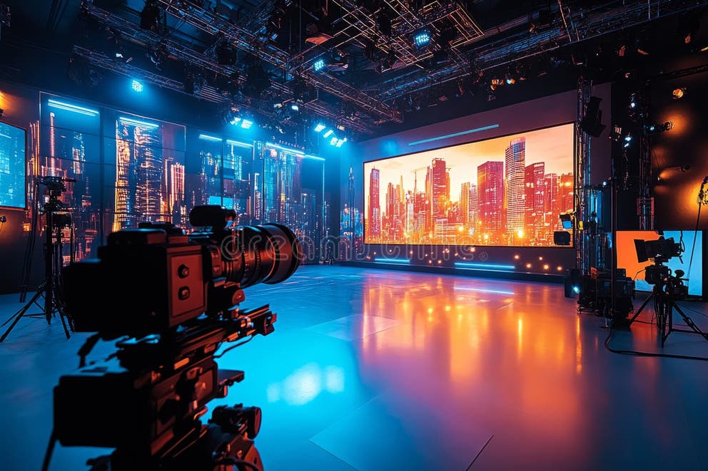 Modern Film Studio Featuring a Vibrant Cityscape Backdrop Stock Image ...