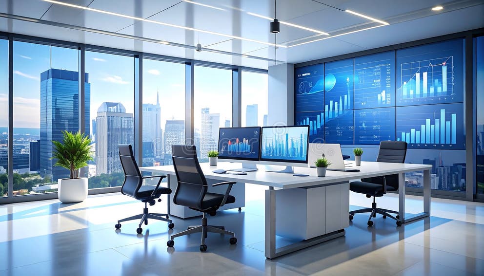 A Modern Financial Trading Office with a City View, Workstations, and a ...