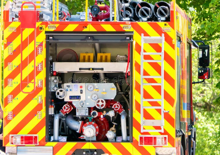 Modern Fire Engine. Rear View of Valves with Hydrants Stock Image ...