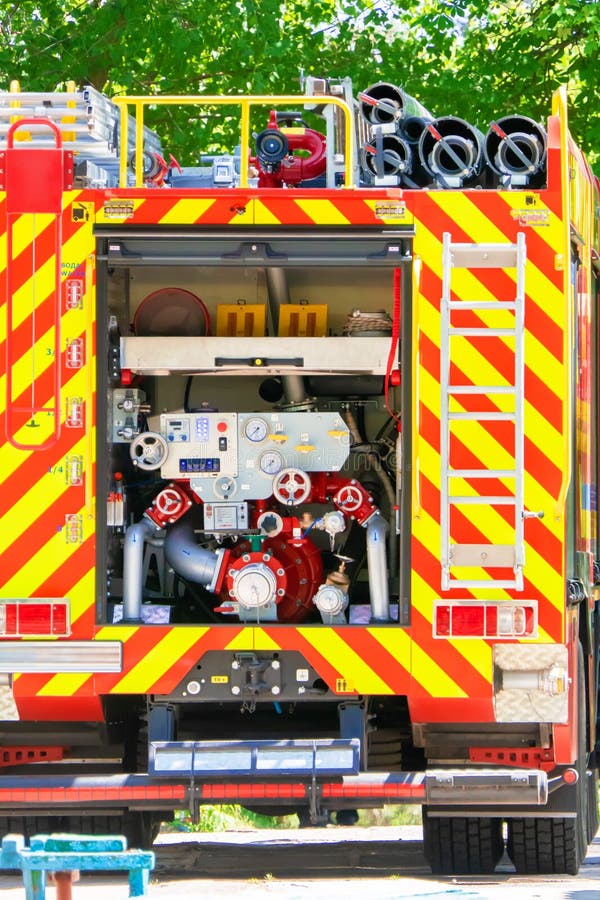 Modern Fire Engine. Rear View of Valves with Hydrants Stock Image ...