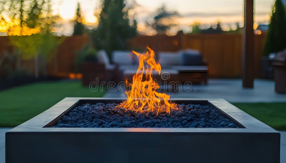 Modern Fire Pit with Flames at Dusk Stock Photo - Image of modernist ...