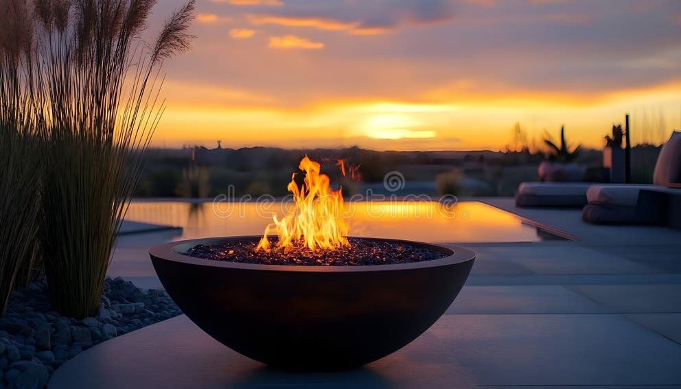 Modern Fire Pit with Flames at Dusk Stock Photo - Image of outdoor ...