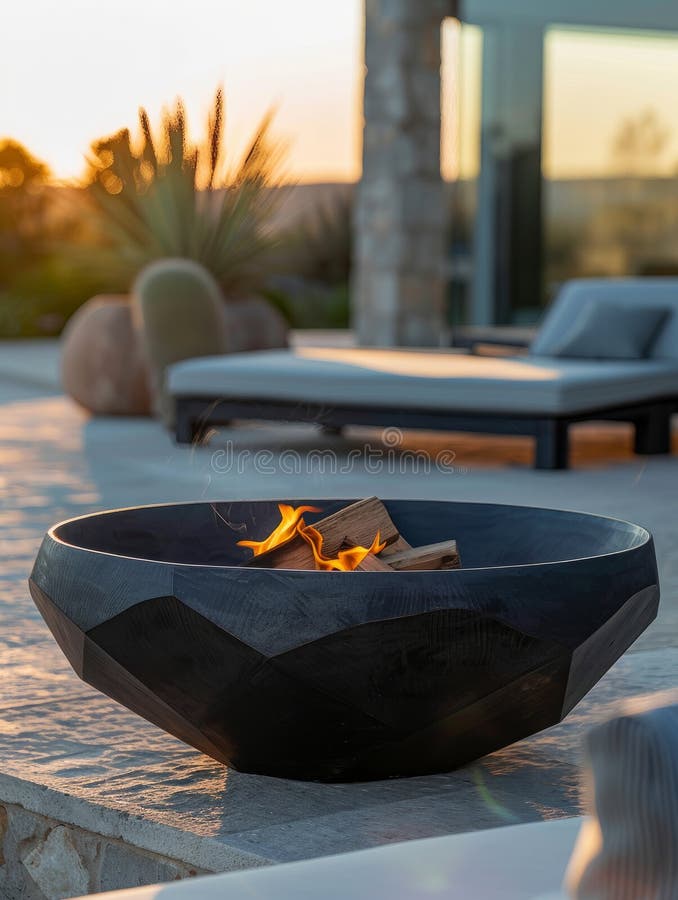 Modern Fire Pit with Flames on a Patio during Sunset. Stock Photo ...