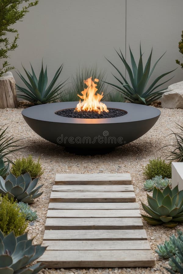 Modern Fire Pit in Serene Backyard Oasis with Succulent Garden and ...