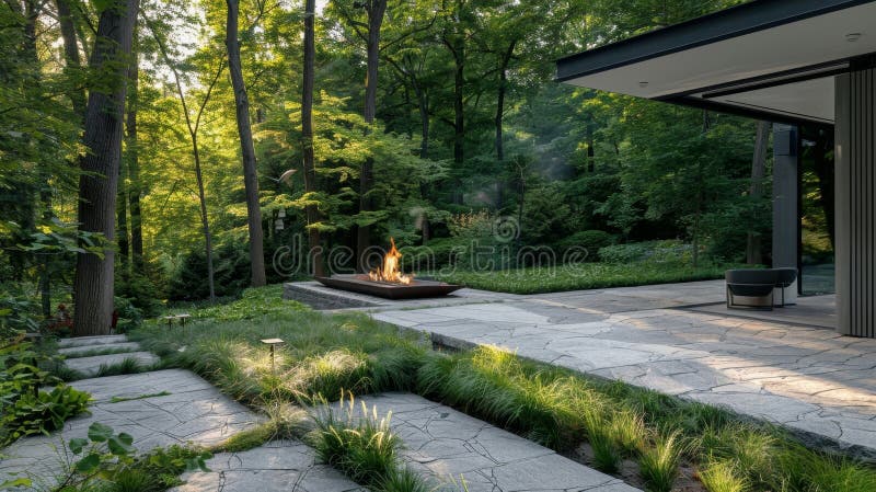 The Modern Fire Pit is Surrounded by a Sleek Stone Patio and Lush ...