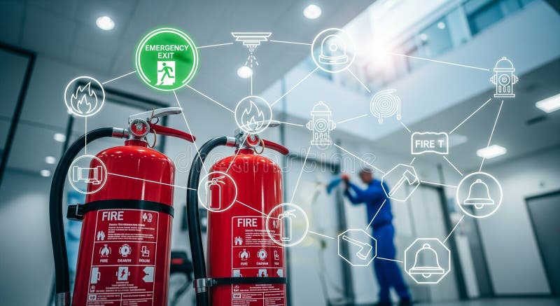 Smart Fire Safety System Connected To Fire Extinguishers and Exit Stock Illustration ...