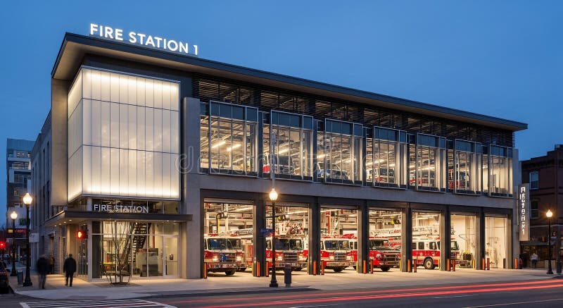 Modern Fire Station 1 Building with Red Fire Trucks Parked Inside ...