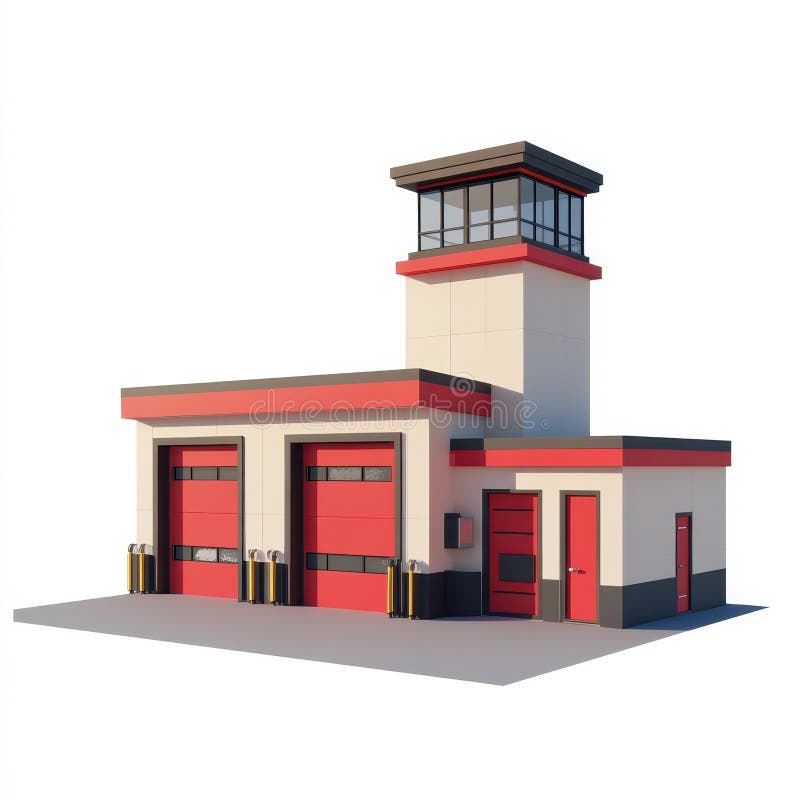 A Modern Fire Station with a Tower and Garage Doors for Emergency ...