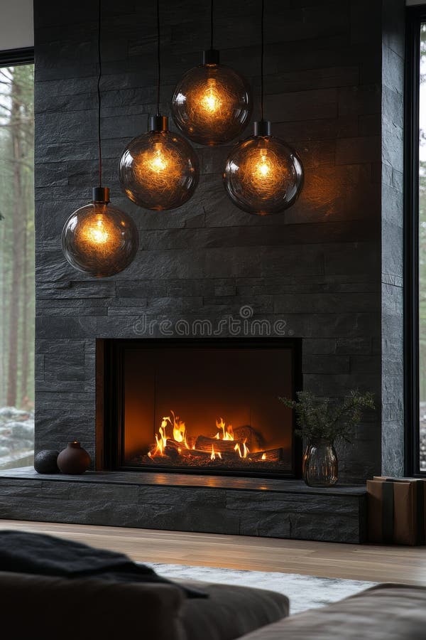 Modern Fireplace with Four Lighted Bulbs Hanging Above it. Home is ...