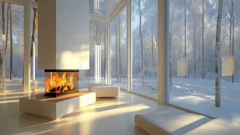 Modern Fireplace in Minimalist Room with Winter View Stock Illustration ...