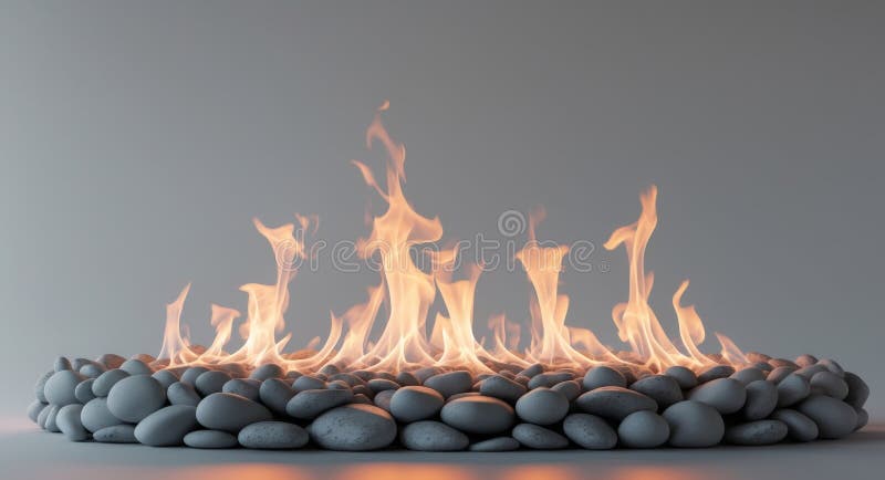 Modern Fireplace with Vibrant Flames and Pebble Base Design. Stock ...