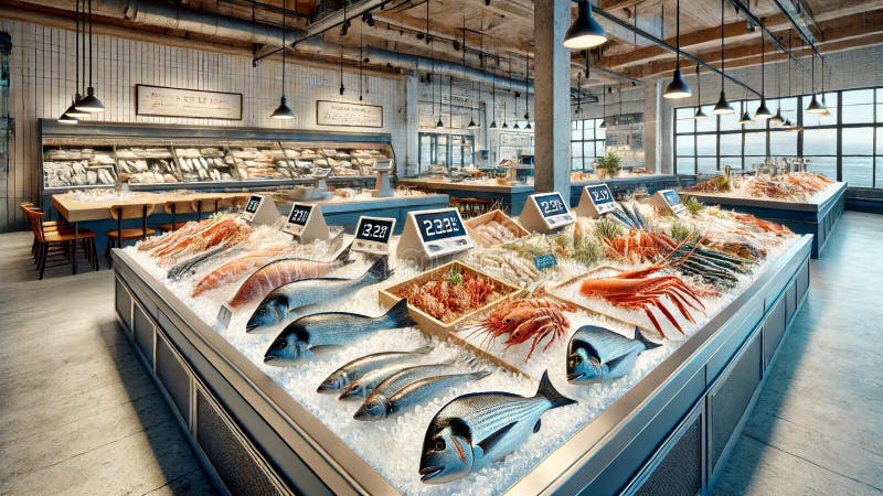 Modern Fish Market Display: Fish, Shellfish, and Crustaceans Stock ...