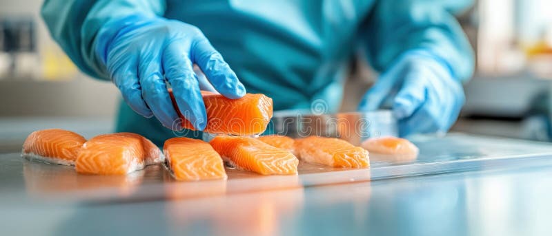 Modern Fish Processing Plant, Workers in Protective Gear Sorting and ...