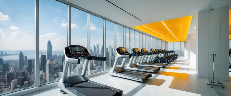 Modern Fitness Center with Panoramic Views Stock Image - Image of ...