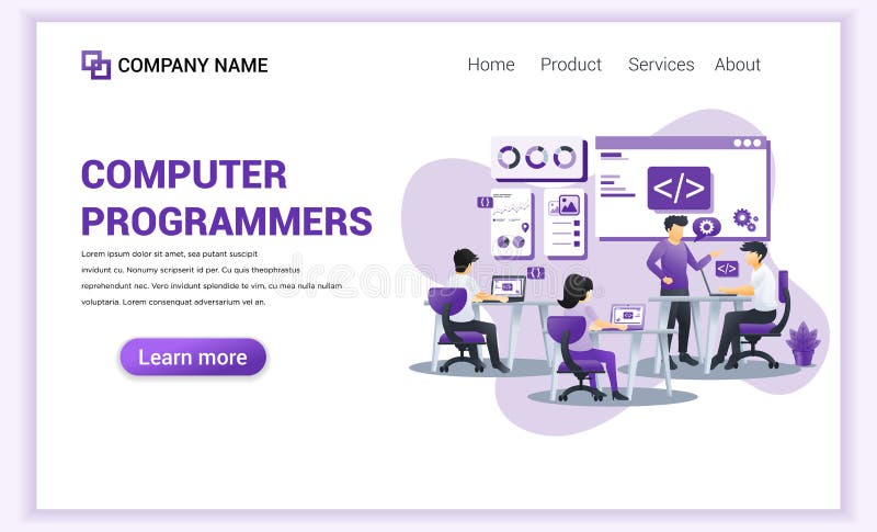 Modern Flat Design Concept Of Computer Programmers With Characters Sitting At Desk As Programmer