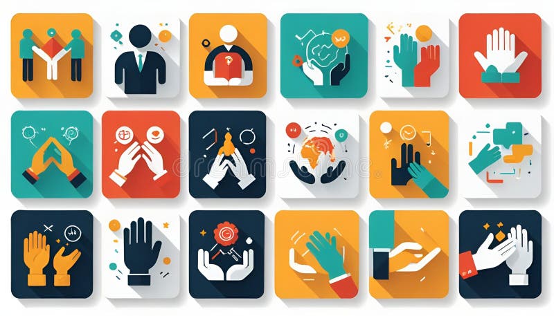 Business and Communication Icons Representing Collaboration, Support ...