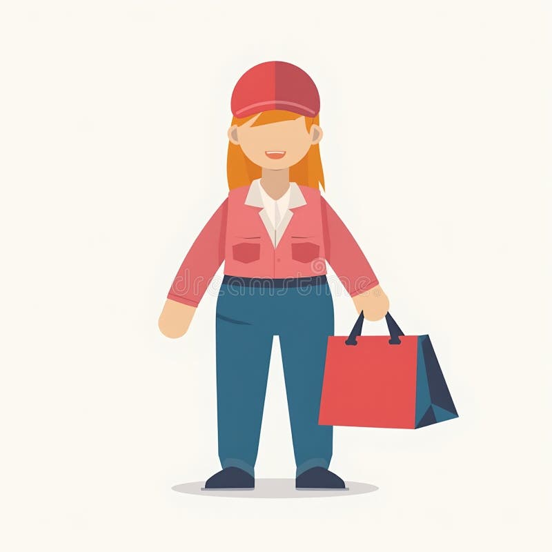 Modern Flat Design Retail Worker Icon with Shopping Bag in Soft Red and ...