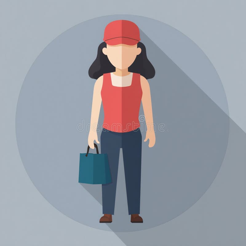 Modern Flat Design Retail Worker Icon with Shopping Bag in Soft Red and ...